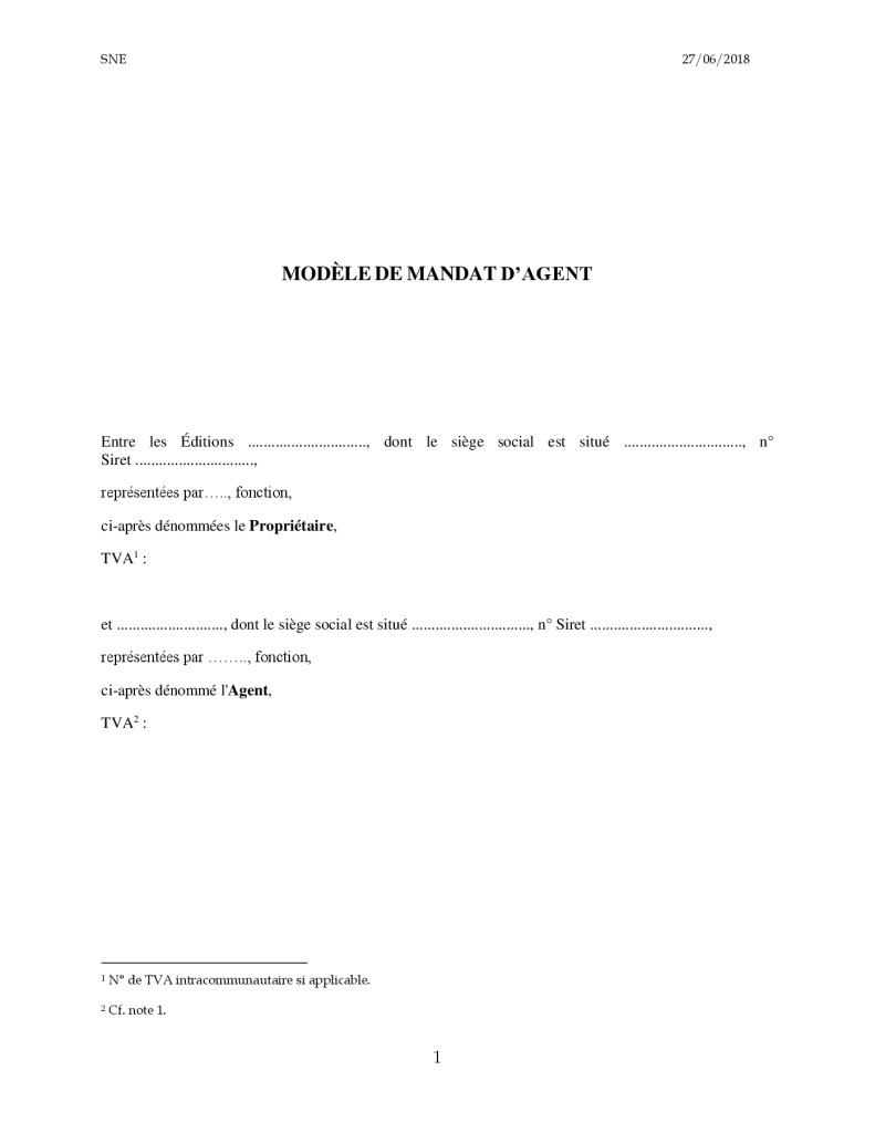 Contrat de mandat d'agent - Syndicat national de l'édition